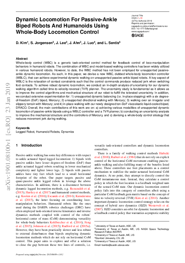 Pdf Dynamic Locomotion For Passive Ankle Biped Robots And Humanoids Using Whole Body