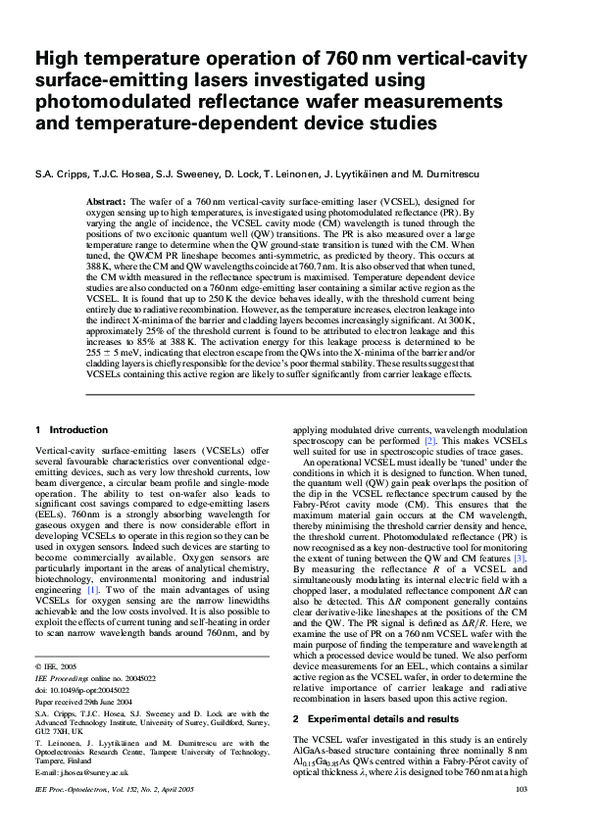(PDF) High temperature operation of 760 nm vertical-cavity surface-emitting lasers investigated ...