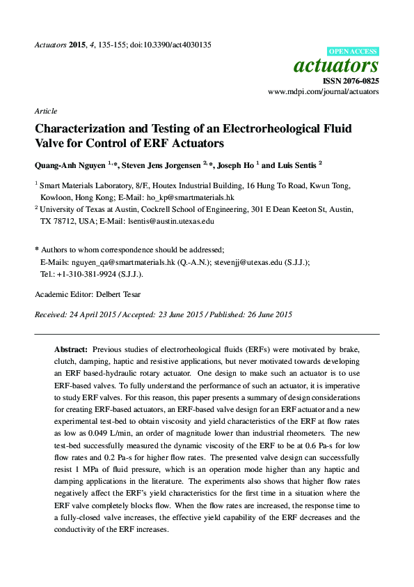(PDF) Characterization and Testing of an Electrorheological Fluid Valve ...