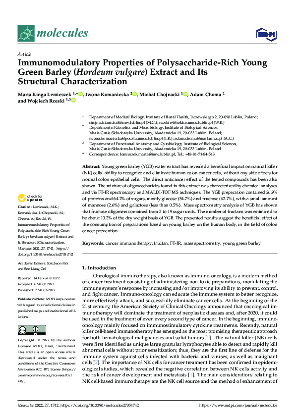 (PDF) Immunomodulatory Properties of Polysaccharide-Rich Young Green Barley (Hordeum vulgare ...