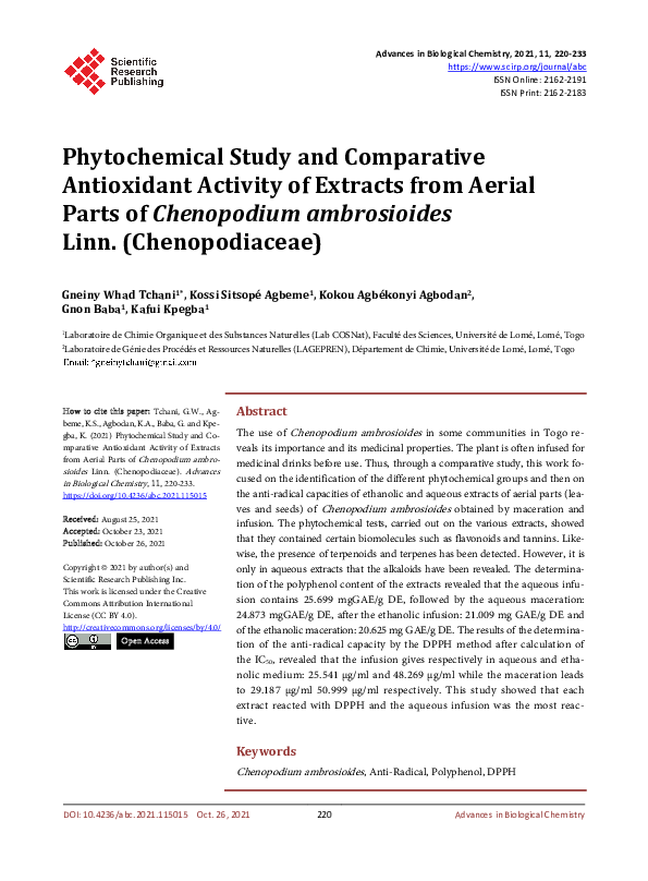(PDF) Phytochemical Study and Comparative Antioxidant Activity of Extracts from Aerial Parts of ...