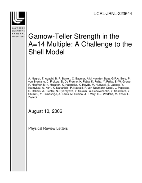 (PDF) Gamow-Teller Strengths in the A=14 Multiplet: A Challenge to the ...