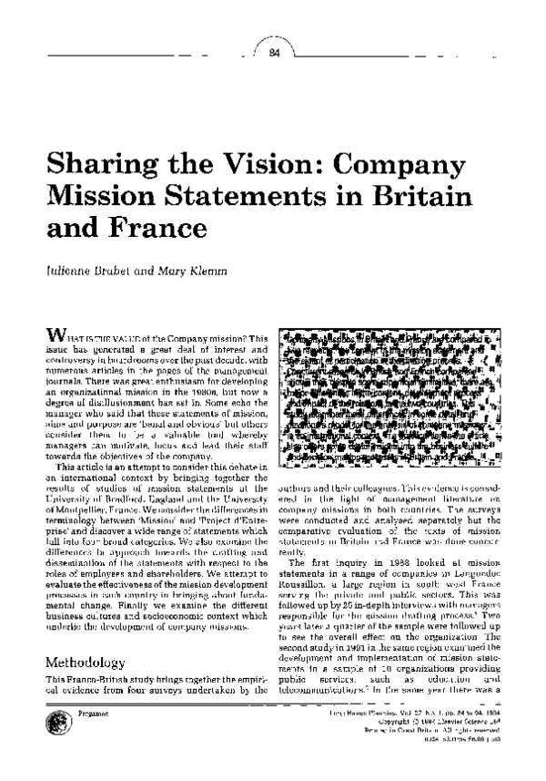 (PDF) Sharing the vision: Company mission statements in Britain and France