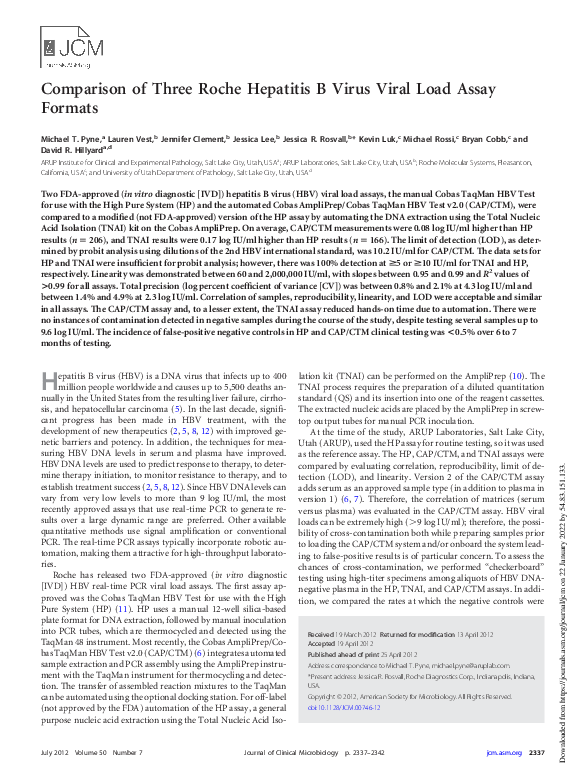 (PDF) Comparison of Three Roche Hepatitis B Virus Viral Load Assay Formats