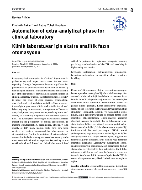 (PDF) Automation of extra-analytical phase for clinical laboratory