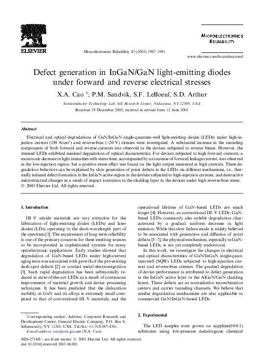 Pdf Defect Generation In Ingan Gan Light Emitting Diodes Under Forward And Reverse Electrical