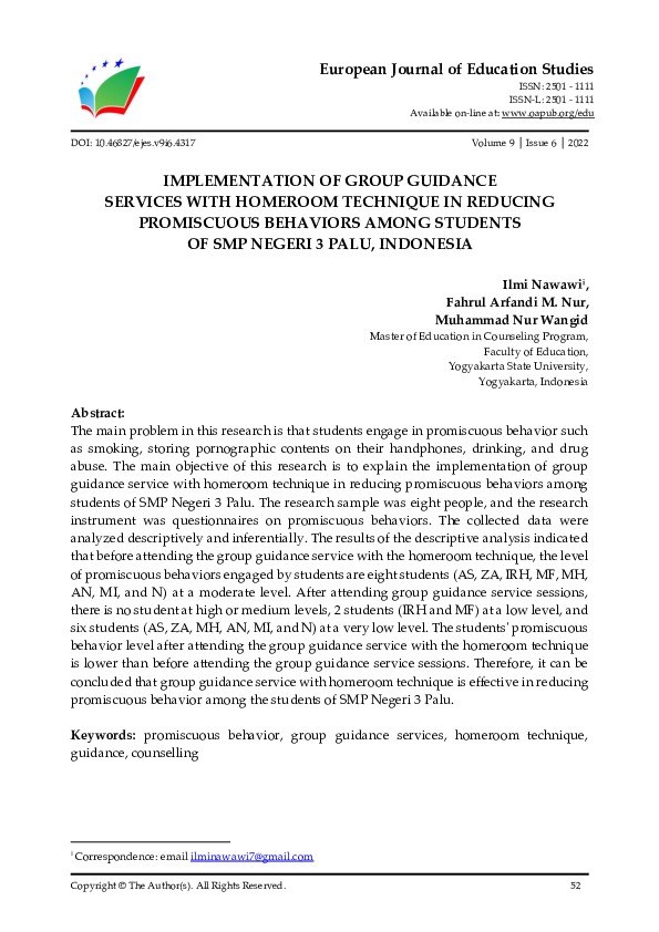 (PDF) Implementation of Group Guidance Services with Homeroom Technique in Reducing Promiscuous ...