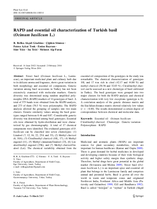 (PDF) RAPD and essential oil characterization of Turkish basil (Ocimum ...