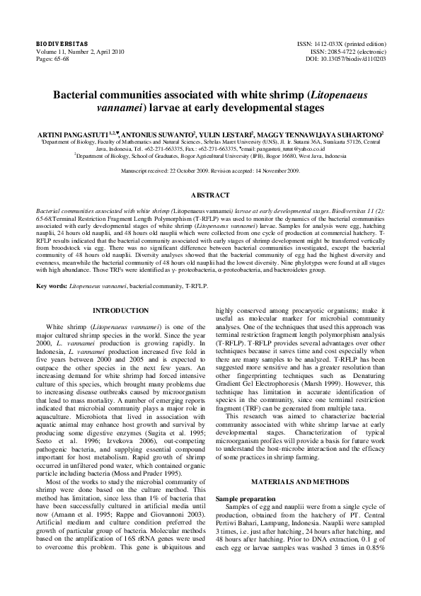 (PDF) Bacterial communities associated with white shrimp (Litopenaeus vannamei) larvae at early ...