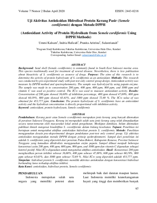 (PDF) Uji Aktivitas Antioksidan Hidrolisat Protein Kerang Pasir (Semele ...