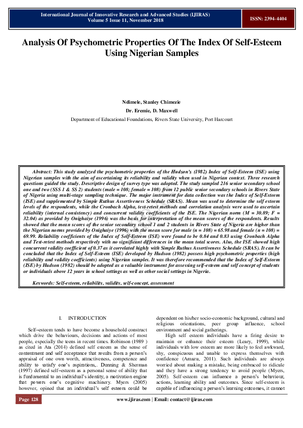 (PDF) Analysis Of Psychometric Properties Of The Index Of Self-Esteem Using Nigerian Samples