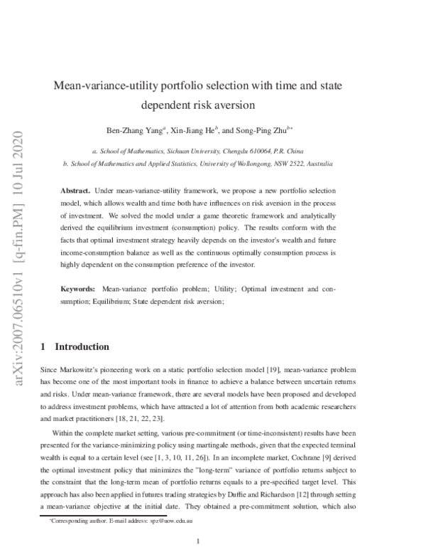 (PDF) Mean-variance-utility portfolio selection with time and state dependent risk aversion