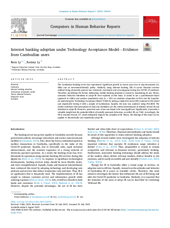 (PDF) Internet banking adoption under Technology Acceptance Model—Evidence from Cambodian users