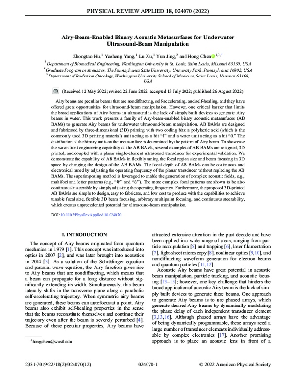Pdf Airy Beam Enabled Binary Acoustic Metasurfaces For Underwater Ultrasound Beam Manipulation