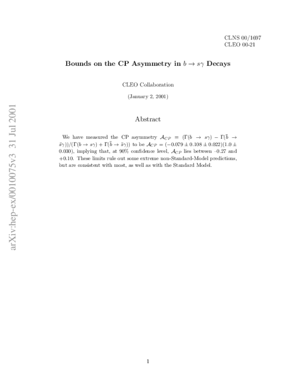 (PDF) CP Asymmetry Limits in b→sγ Decays at 90% Confidence