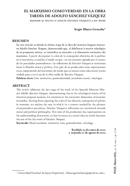 (PDF) El Marxismo Como Verdad en La Obra Tardía De Adolfo Sánchez Vázquez