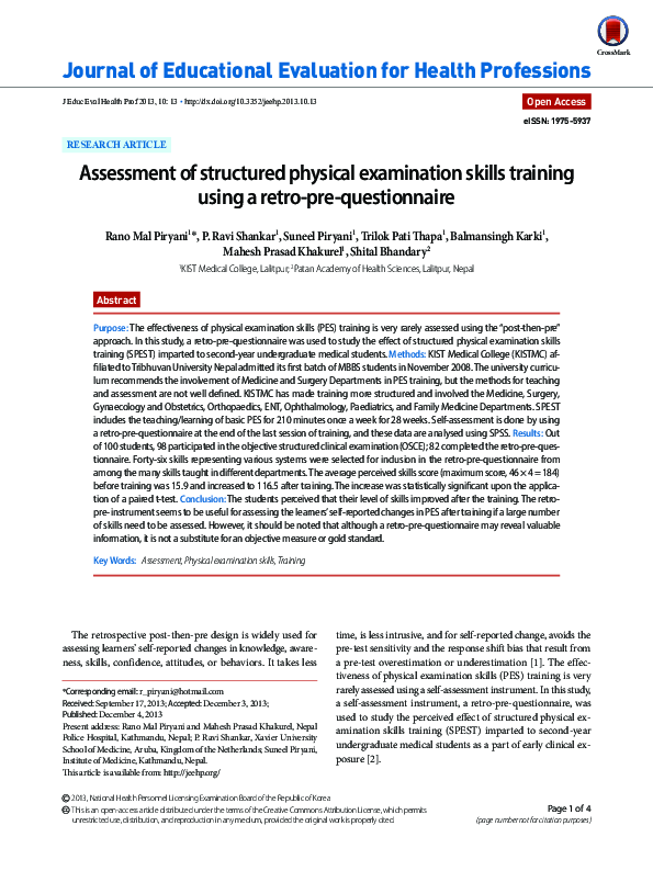 (PDF) Assessment of structured physical examination skills training ...