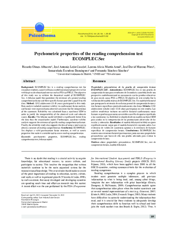 (PDF) Psychometric properties of the reading comprehension test ...