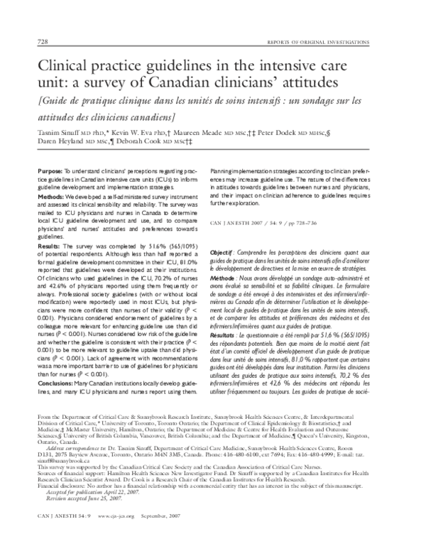 (PDF) Clinical practice guidelines in the intensive care unit: a survey ...