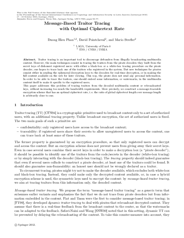 (PDF) Message-Based Traitor Tracing with Optimal Ciphertext Rate | DUONG PHAN - Academia.edu