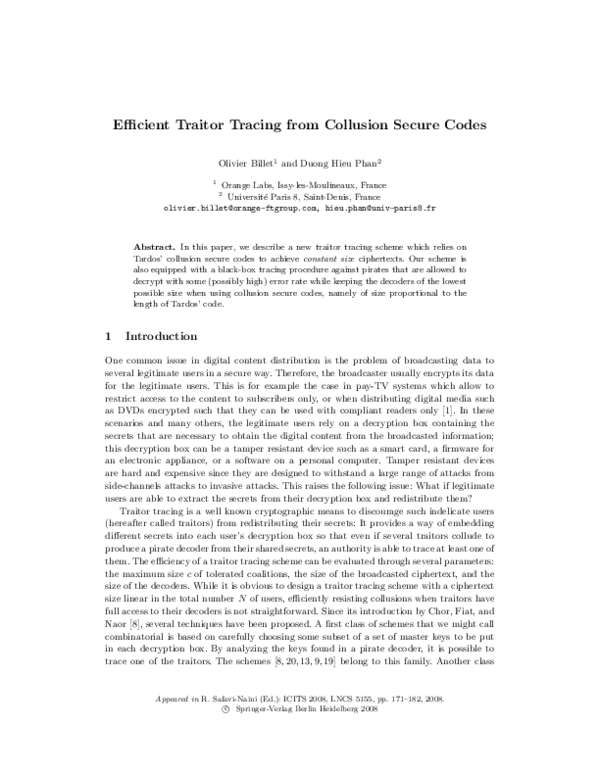 (PDF) Efficient Traitor Tracing from Collusion Secure Codes