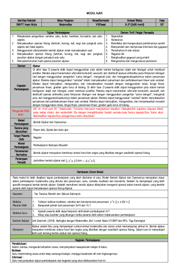 (DOC) MODUL AJAR Aljabar dan Operasinya Kelas VII SMP Kurikulum Merdeka