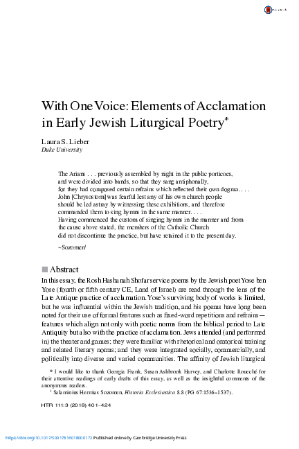 (PDF) With One Voice: Elements of Acclamation in Early Jewish ...