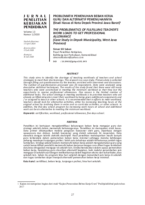 (PDF) PROBLEMATIK PEMENUHAN BEBAN KERJA GURU DAN ALTERNATIF ...