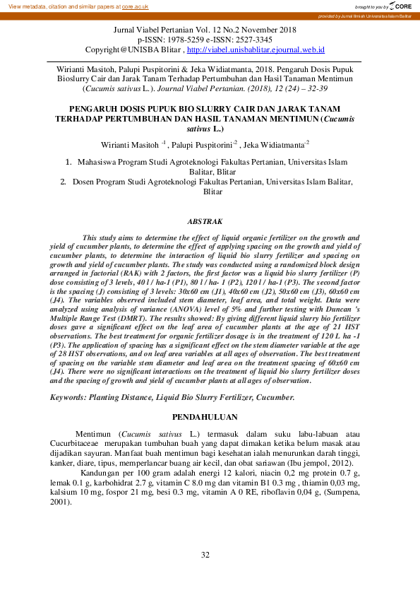 (PDF) PENGARUH DOSIS PUPUK BIO SLURRY CAIR DAN JARAK TANAM TERHADAP PERTUMBUHAN DAN HASIL ...