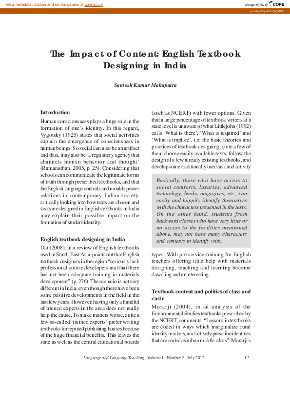 (PDF) The impact of content: english textbook designing in india