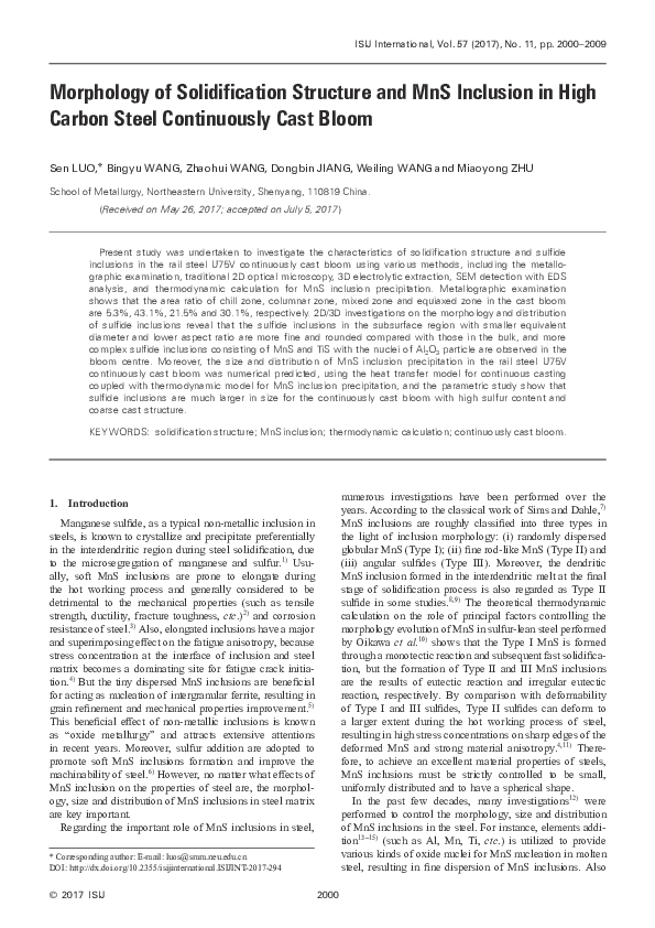 (PDF) Morphology of Solidification Structure and MnS Inclusion in High ...