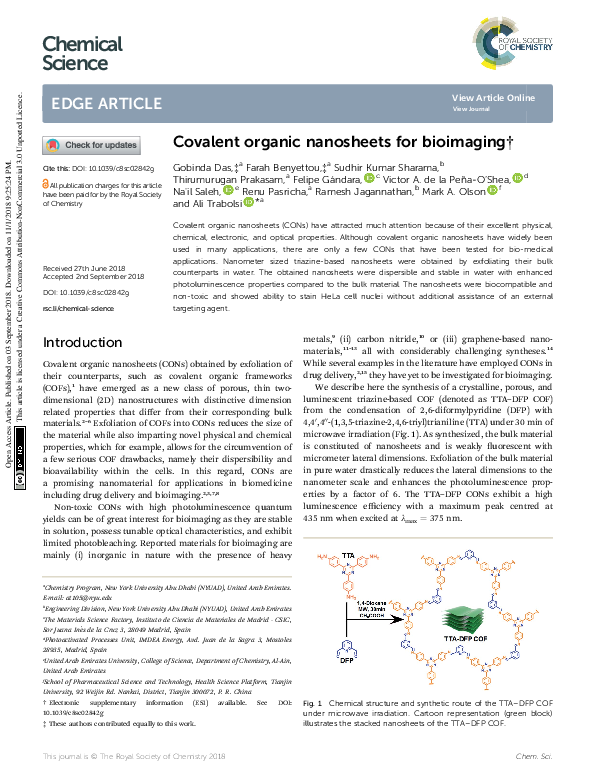 (PDF) Covalent organic nanosheets for bioimaging