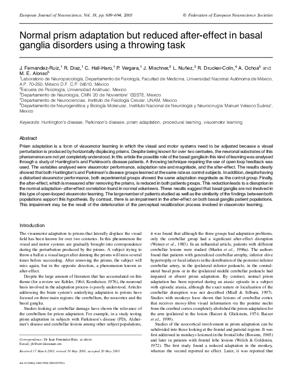 (PDF) Normal prism adaptation but reduced after-effect in basal ganglia ...
