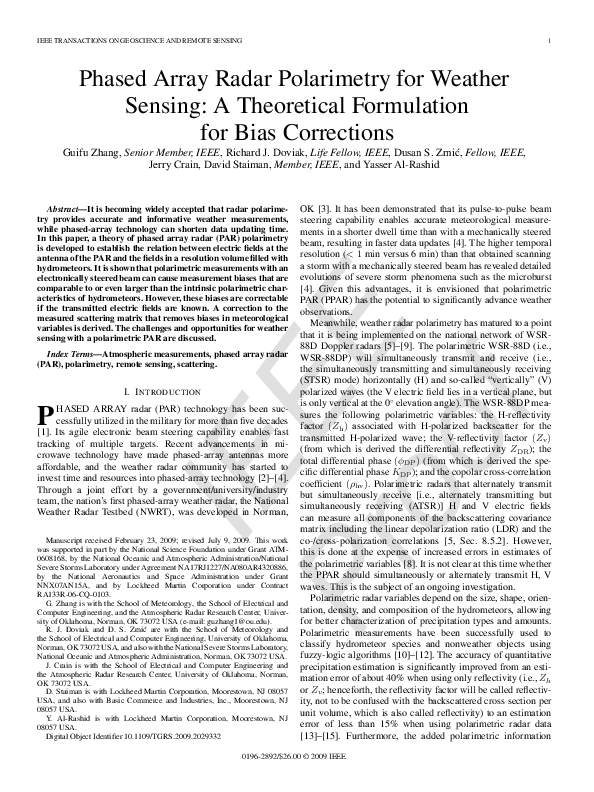 Pdf Phased Array Radar Polarimetry For Weather Sensing A Theoretical Formulation For Bias