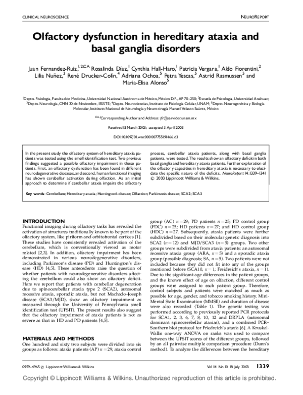 (PDF) Olfactory dysfunction in hereditary ataxia and basal ganglia disorders | Patricia Vergara ...