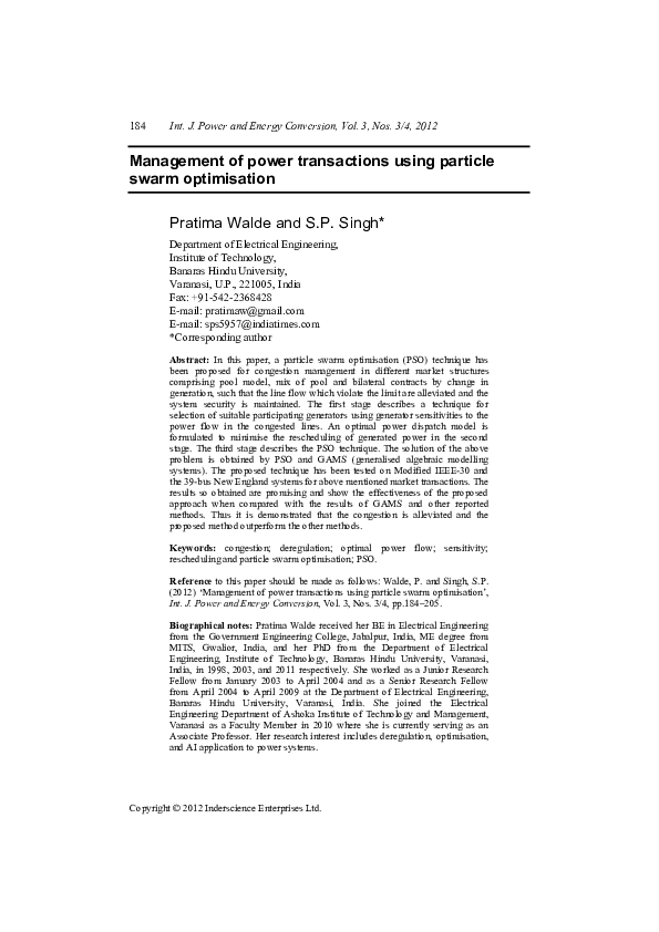 Pdf Power Transaction Management Via Particle Swarm Optimization 5366