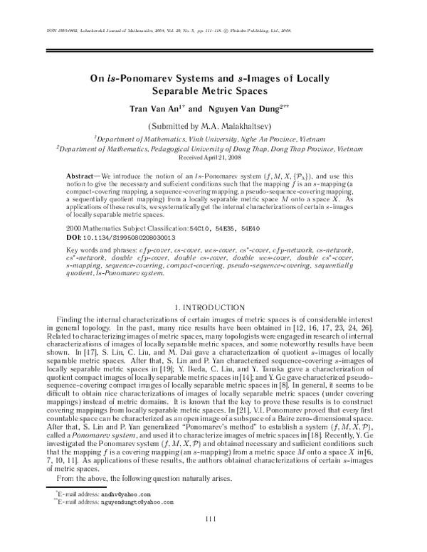 (PDF) On ls-Ponomarev systems and s-images of locally separable metric ...