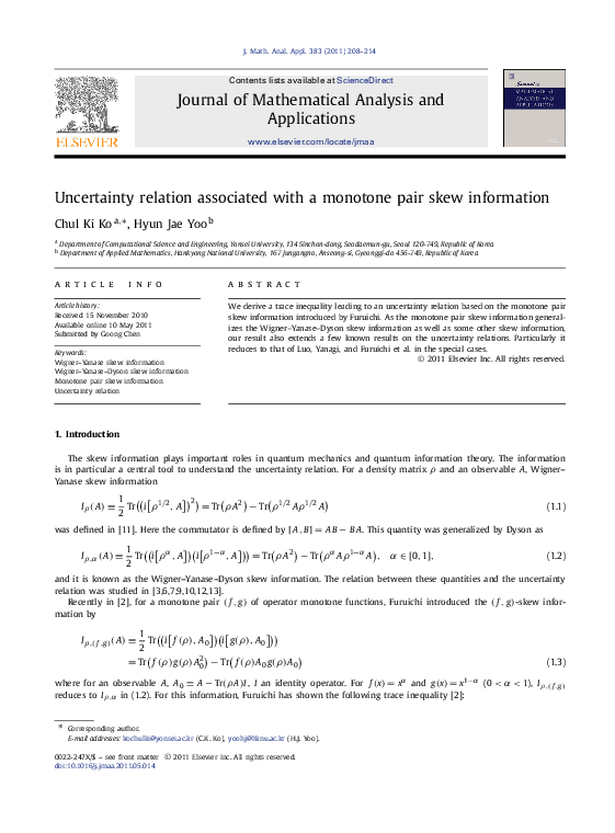 (PDF) Uncertainty relation associated with a monotone pair skew information