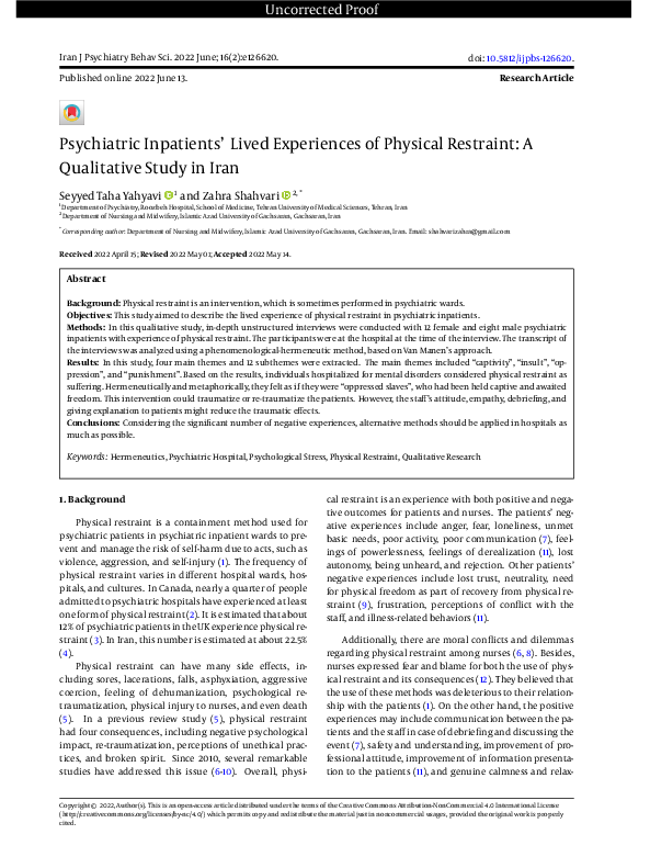 (PDF) Psychiatric Inpatients’ Lived Experiences of Physical Restraint: A Qualitative Study in Iran