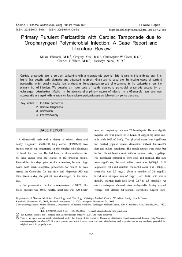 (PDF) Primary Purulent Pericarditis with Cardiac Tamponade due to ...