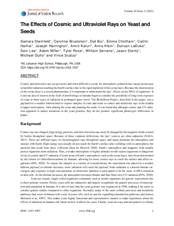 (PDF) The Effects of Cosmic and Ultraviolet Rays on Yeast and Seeds ...