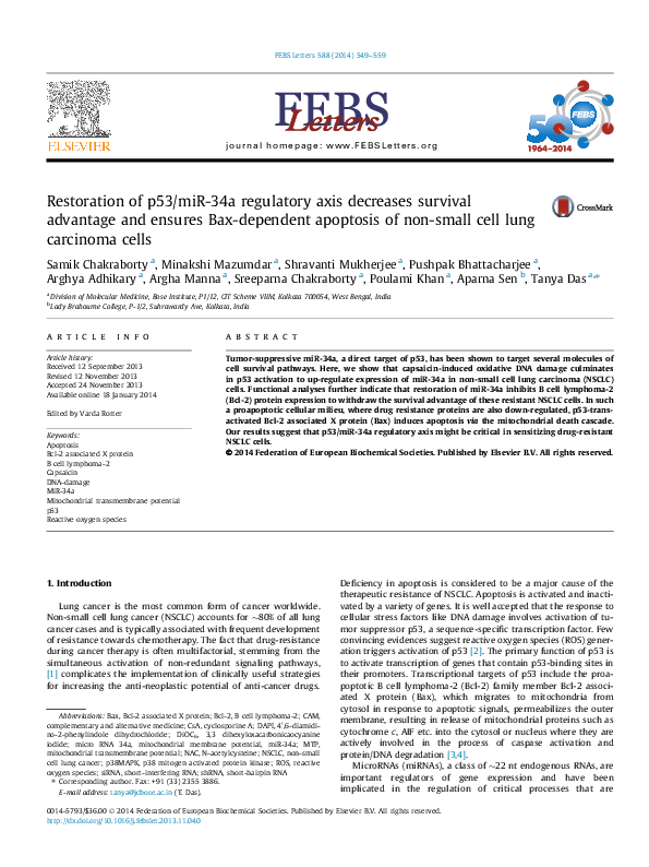 (PDF) Restoration of p53/miR-34a regulatory axis decreases survival advantage and ensures Bax ...