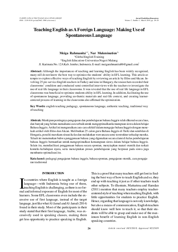 (PDF) Teaching English as a Foreign Language: Making Use of Spontaneous ...