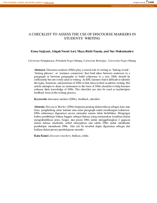 (PDF) A Checklist to Assess the Use of Discourse Markers in Students ...