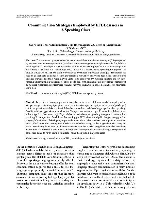 (PDF) Communication Strategies Employed by EFL Learners in A Speaking Class