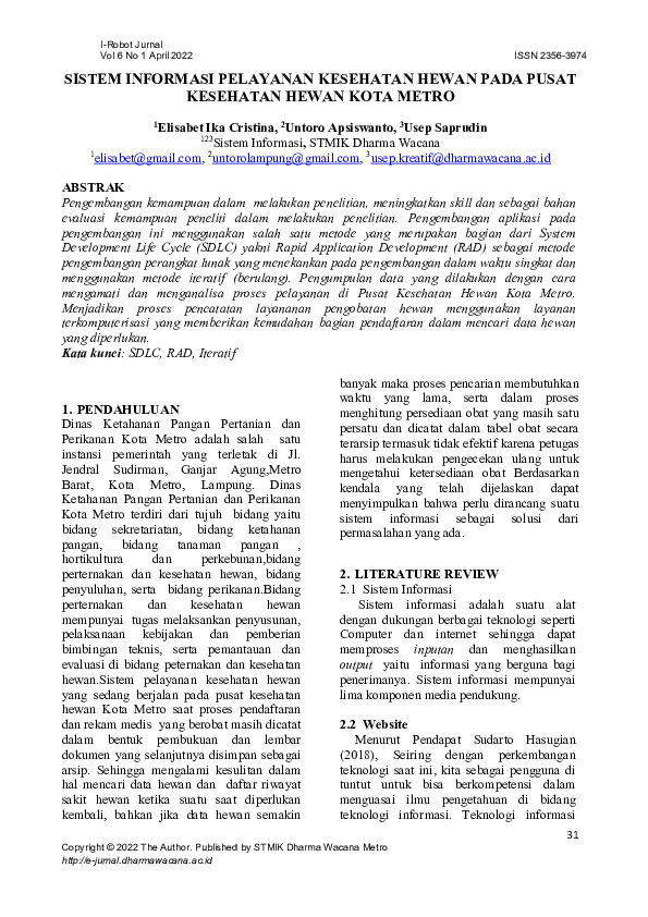 (PDF) Sistem Informasi Pelayanan Kesehatan Hewan Pada Pusat Kesehatan ... (PDF) Sistem Informasi Pelayanan Kesehatan Hewan Pada Pusat Kesehatan ...