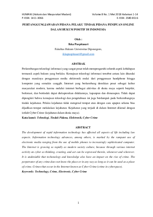 (PDF) Pertanggungjawaban Pidana Pelaku Tindak Pidana Penipuan Online Dalam Hukum Positif DI ...