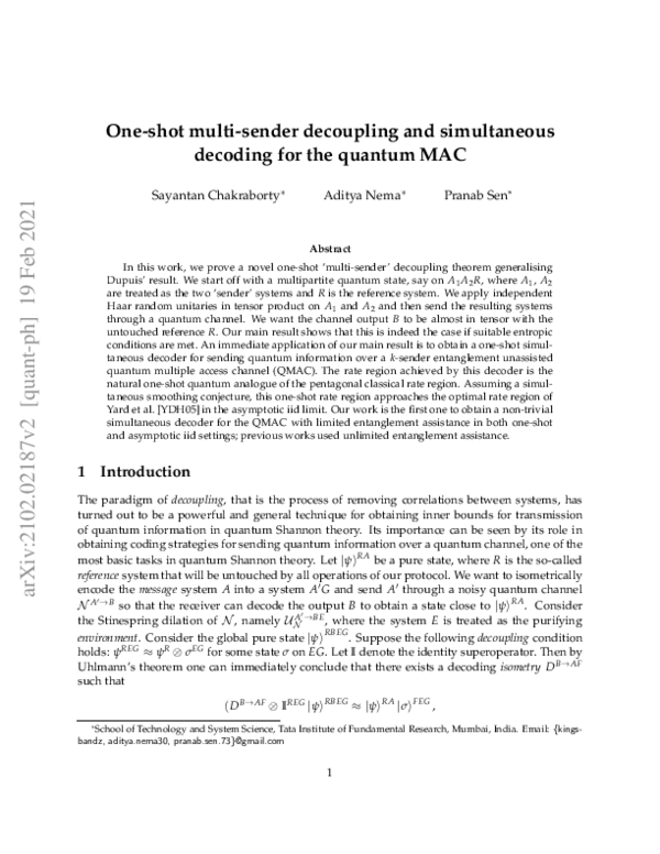 (PDF) One-shot multi-sender decoupling and simultaneous decoding for the quantum MAC