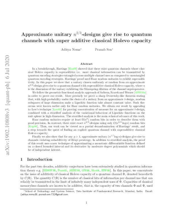 (PDF) Fe b 20 19 Approximate unitary n 2 / 3-designs give rise to ...