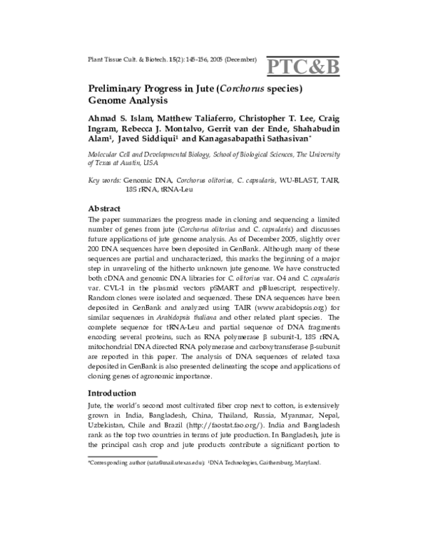 (PDF) Preliminary progress in jute (Corchorus species) genome analysis